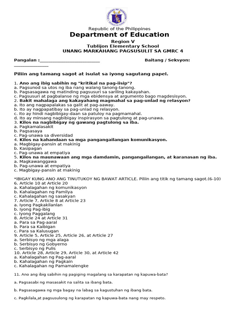 GMRC Q1 Periodic Test | PDF