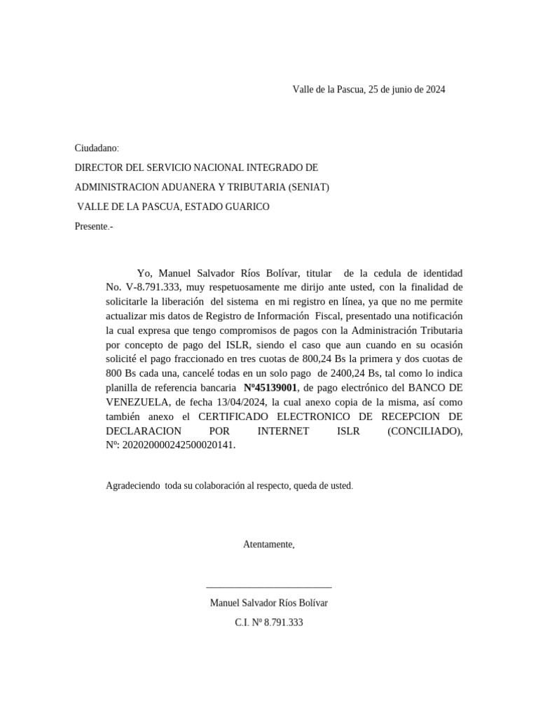 Carta-Solic SENIAT Manuel R. | PDF