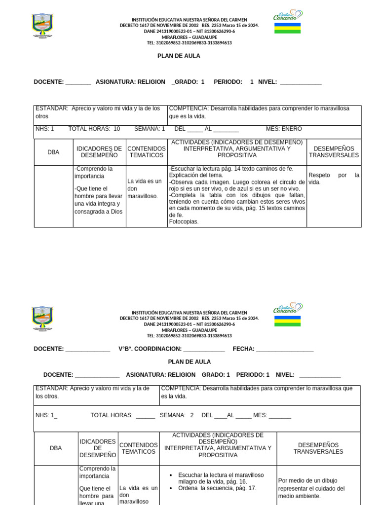 Plan Aula 1° Religion | PDF | Fe | Dios