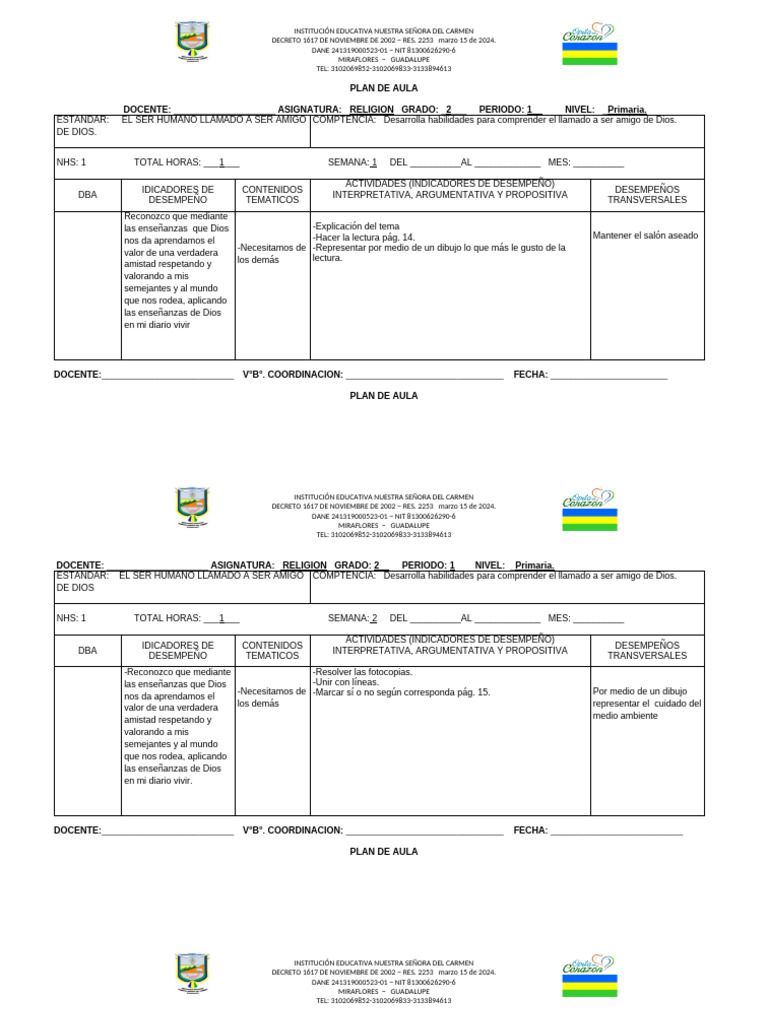 Plan Aula 2° Religion | PDF | Dios | Fe