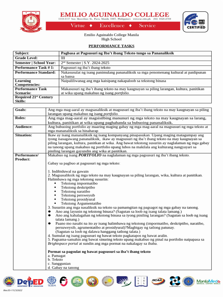 3 Performance Tasks in Pagbasa 3rd QUARTER 2nd Semester S.Y. 2024 2025 | PDF
