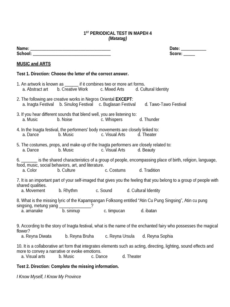 1st Periodical Test in Mapeh 4 Matatag 2 | PDF | Hygiene