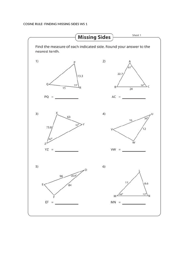 COSINE RULE FINDING UNKNOWN SIDES WS 2 | PDF