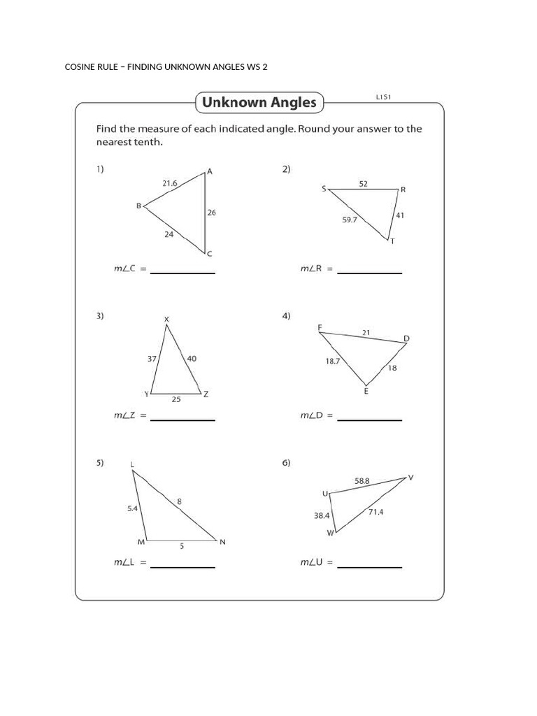 Cosine Rule Finding Unknown Angles WS 3 | PDF