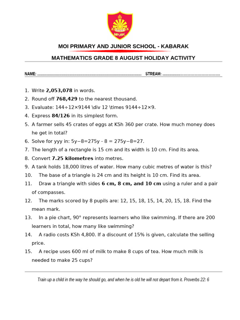 Grade 8 Math Holiday Activities | PDF