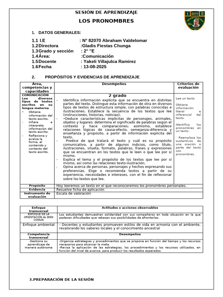 Sesion Com - 13-08-Los Pronombres | PDF | Plural | Aprendizaje