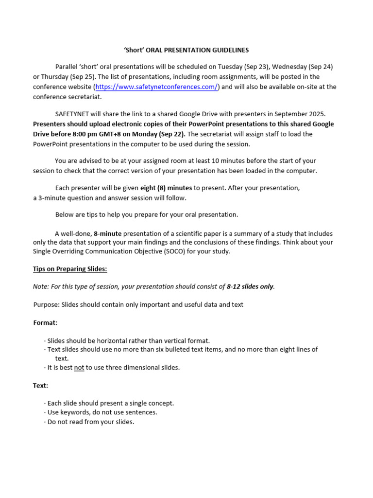 Guidelines for SHORT ORAL PRESENRTATION_2nd SAFETYNET Conference in KL ...