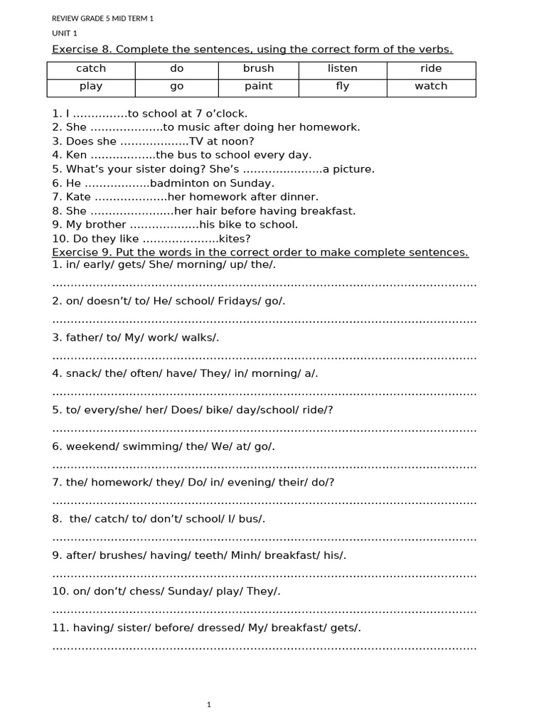 Grade 5 Midterm Review Exercises | PDF | Foods | Cuisine