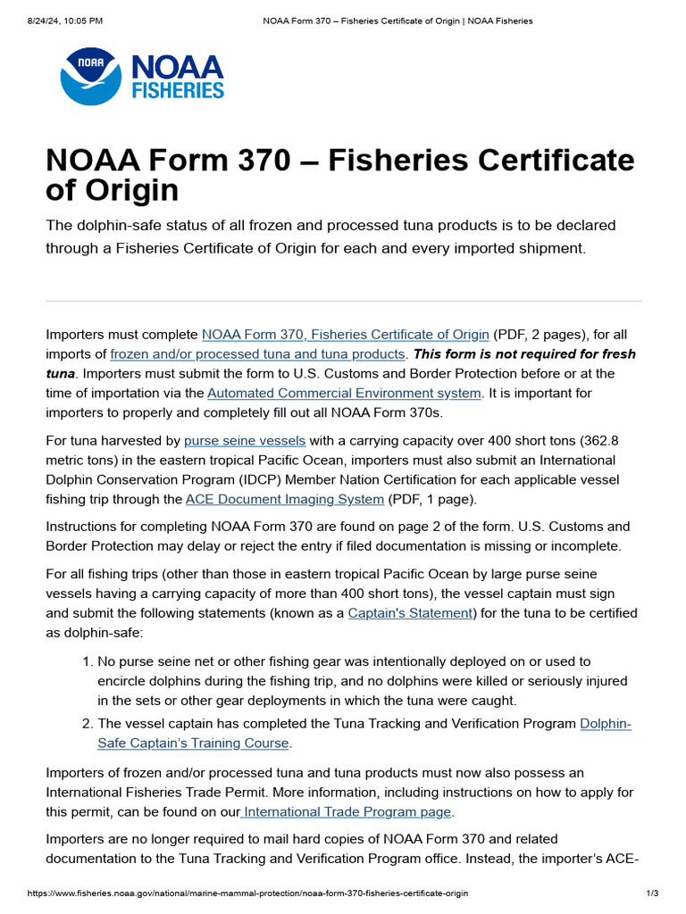 39 NOAA Form 370 - Fisheries Certificate of Origin - NOAA Fisheries | PDF | Tuna | Fish And Humans