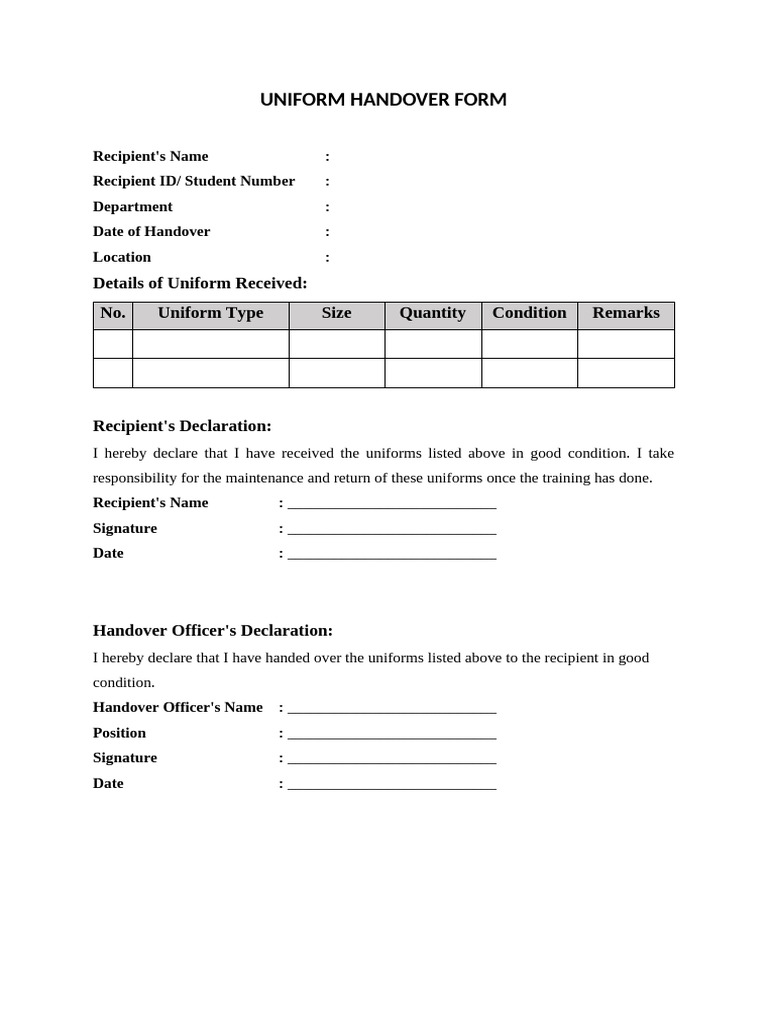 Uniform Handover Acknowledgment Form | PDF