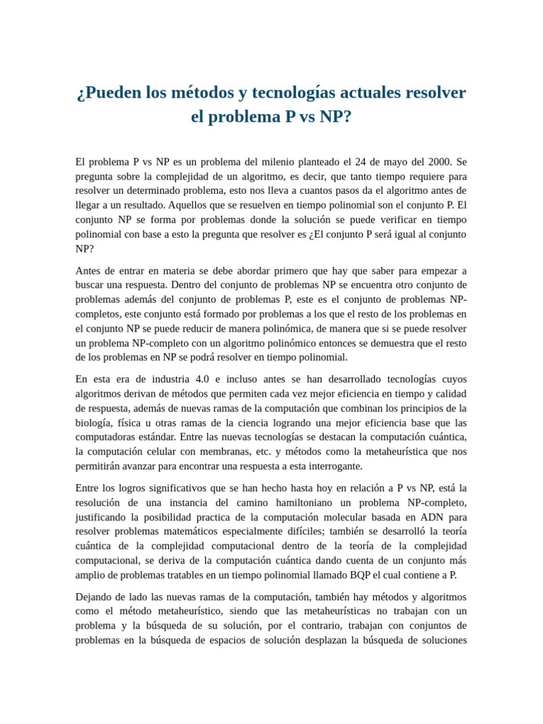 Avances en el Problema P vs NP | PDF | Teoría de la complejidad ...