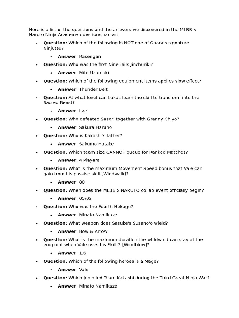 Here is a List of the Questions and the Answers We Discovered in the MLBB x Naruto Ninja Academy ...