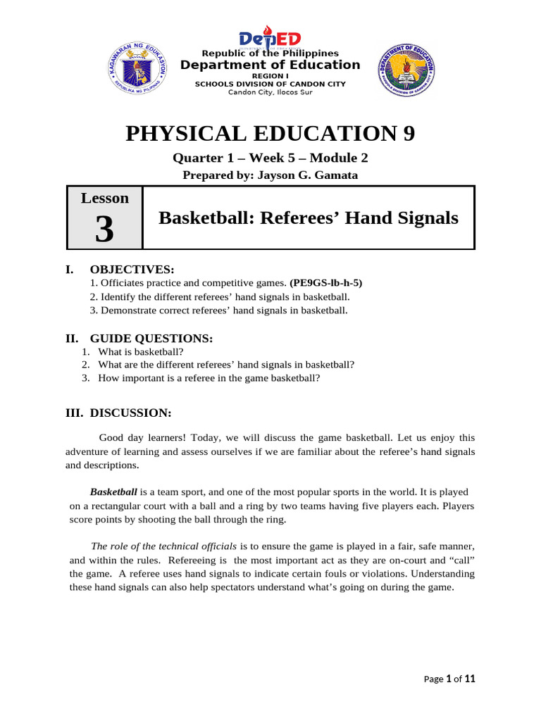 PE9 Q1 W5 MODULE 2 Hand Signals in Basketball | PDF | Sports | Team Sports