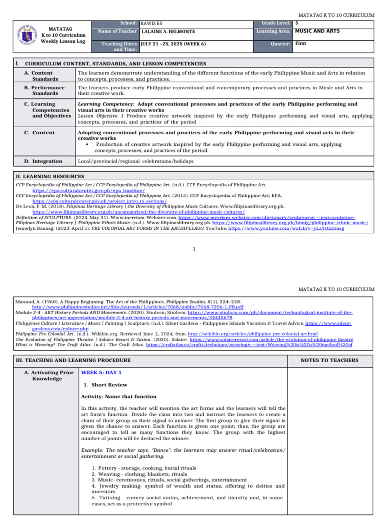 DLL Matatag - Music&arts 5 Q1 W5-7 | PDF | Teachers | Human Communication