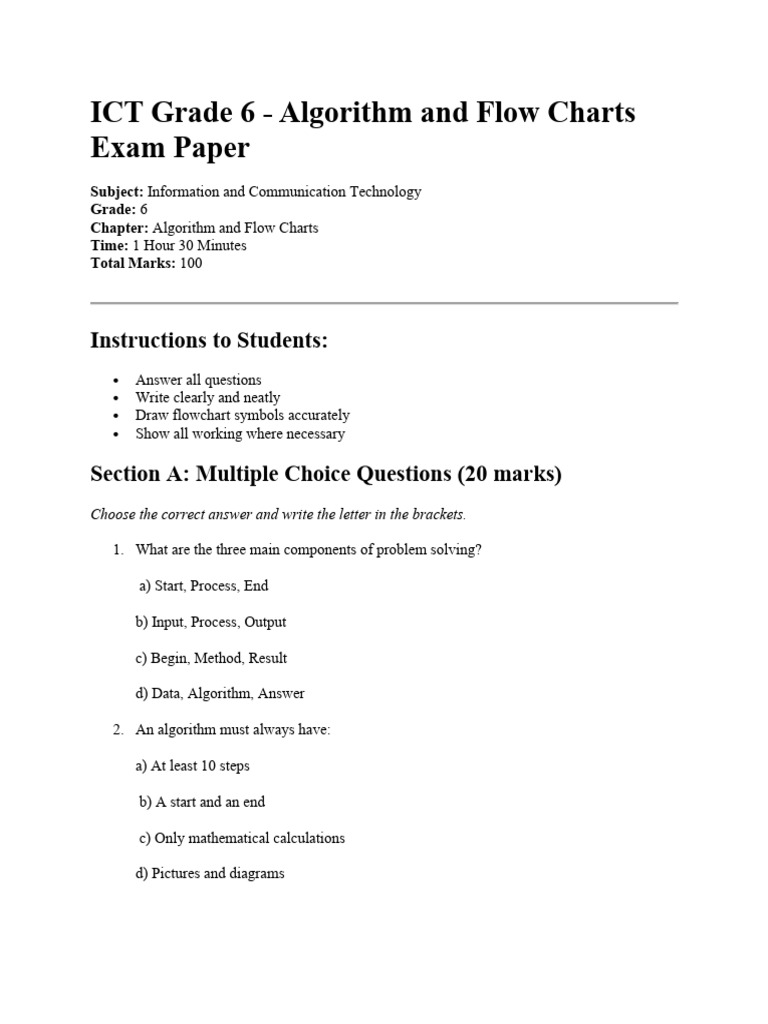 Class 6 ICT: Algorithms & Flowcharts Exam | PDF | Area | Algorithms