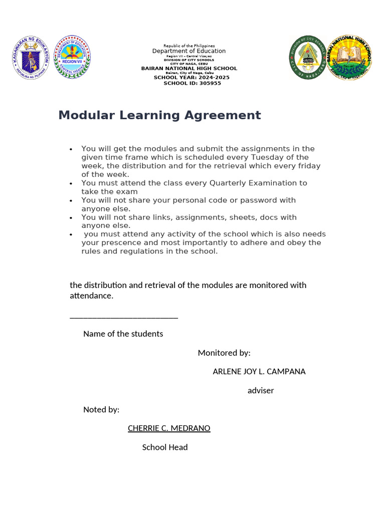 Modular Learning Agreement 2024-2025 | PDF