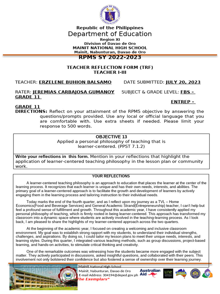 Teacher Reflection Form For T I III For RPMS 2022 23 | PDF | Teaching ...
