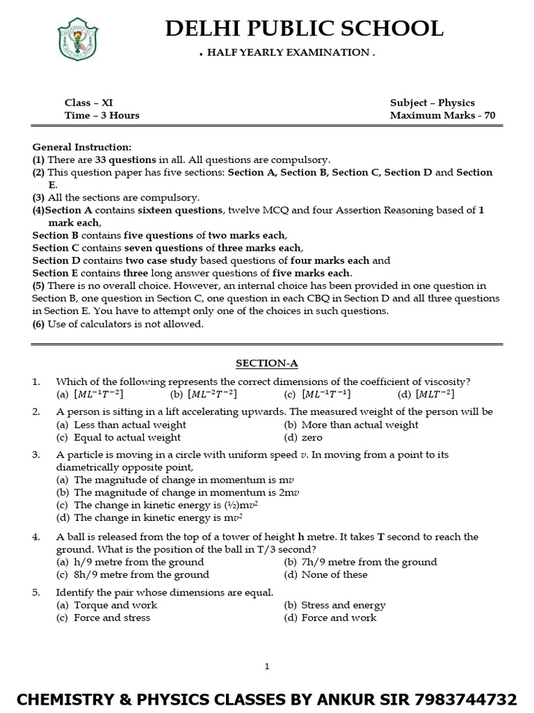 Class XI Physics Half Yearly Exam Paper | PDF | Acceleration | Force