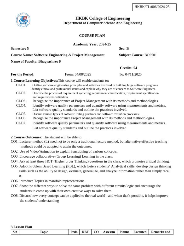 Software Engineering Course Plan 2024-25 | PDF | Software Quality ...