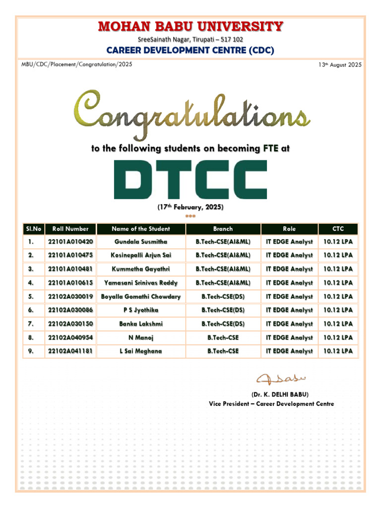 Congratulations DTCC 2026 Batch MBU | PDF
