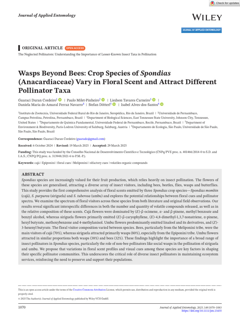J Applied Entomology - 2025 - Cordeiro - Wasps Beyond Bees Crop Species ...