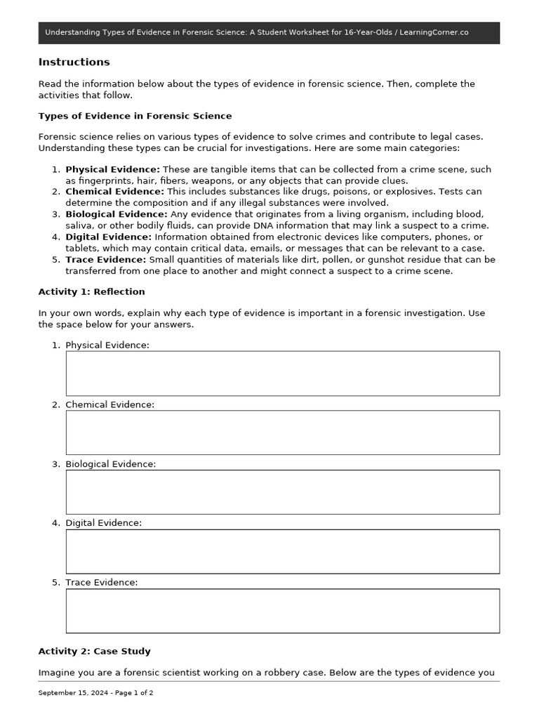 Forensic Evidence Types Worksheet | PDF | Forensic Science | Crime Scene