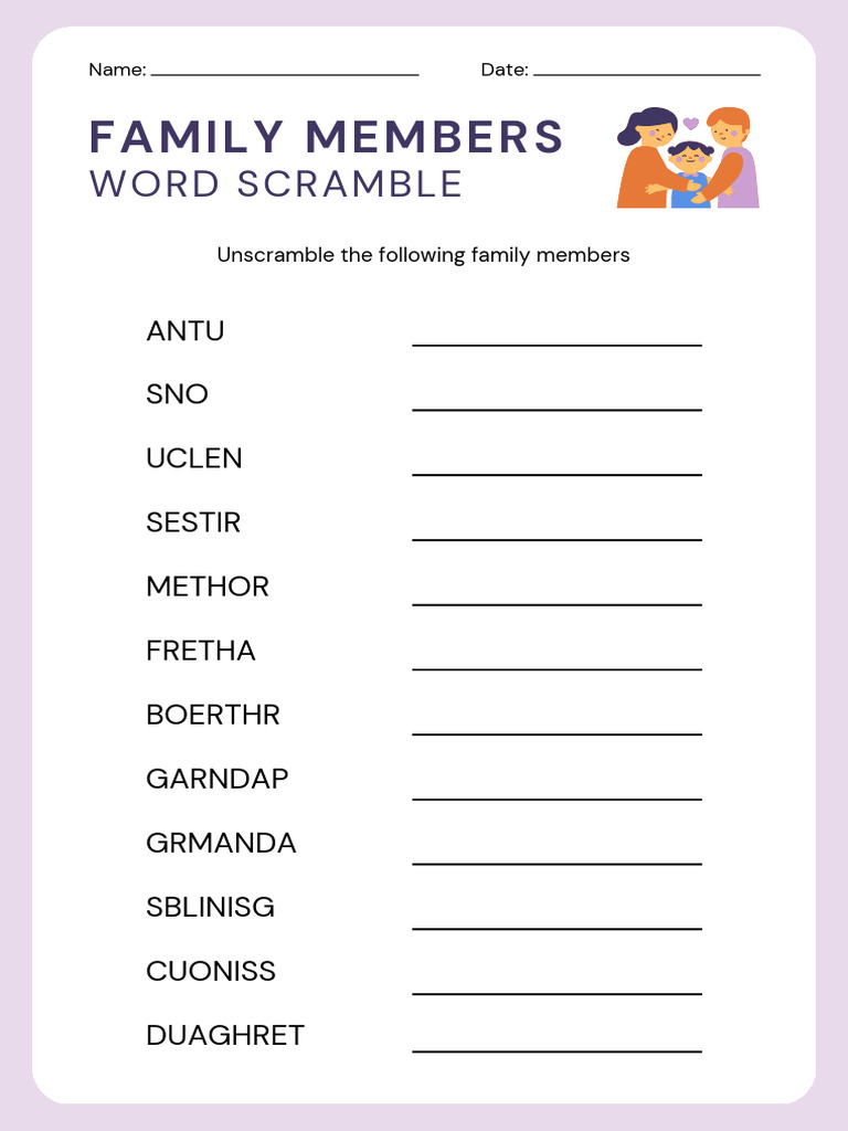 Family Members Word Scramble Worksheet in Colorful Simple Style ...