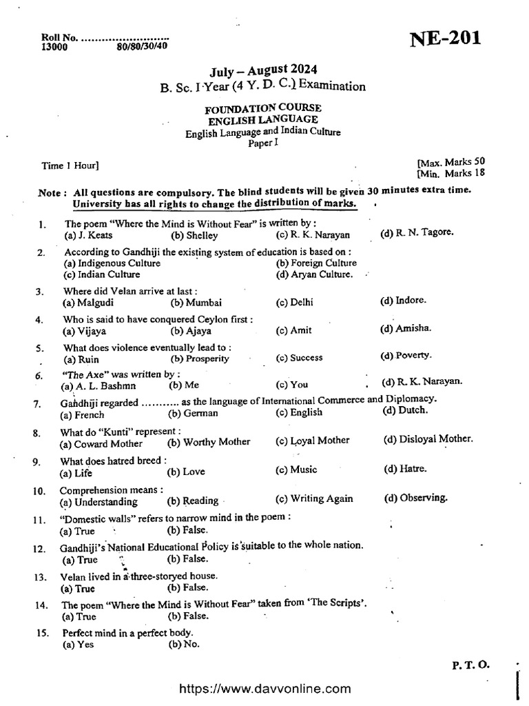 BSC 1 Year English Language p1 English Language and Indian Culture Ne ...