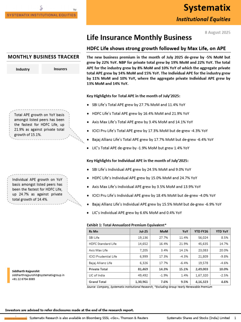 July 2025 Life Insurance APE Update | PDF | Financial Analyst ...