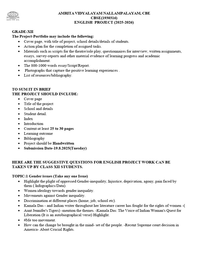 Class 12 English Project Guidelines 2025-26 | PDF | Emotions ...