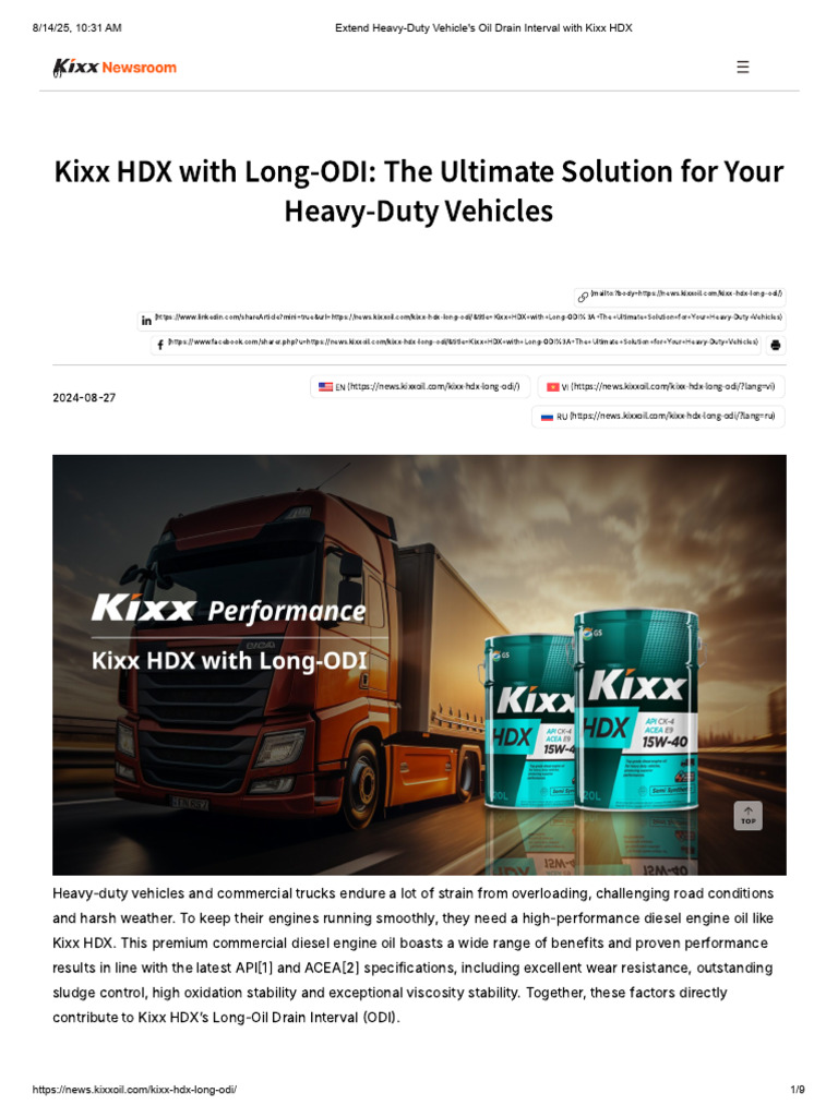 Extend Heavy-Duty Vehicle's Oil Drain Interval With Kixx HDX | PDF ...
