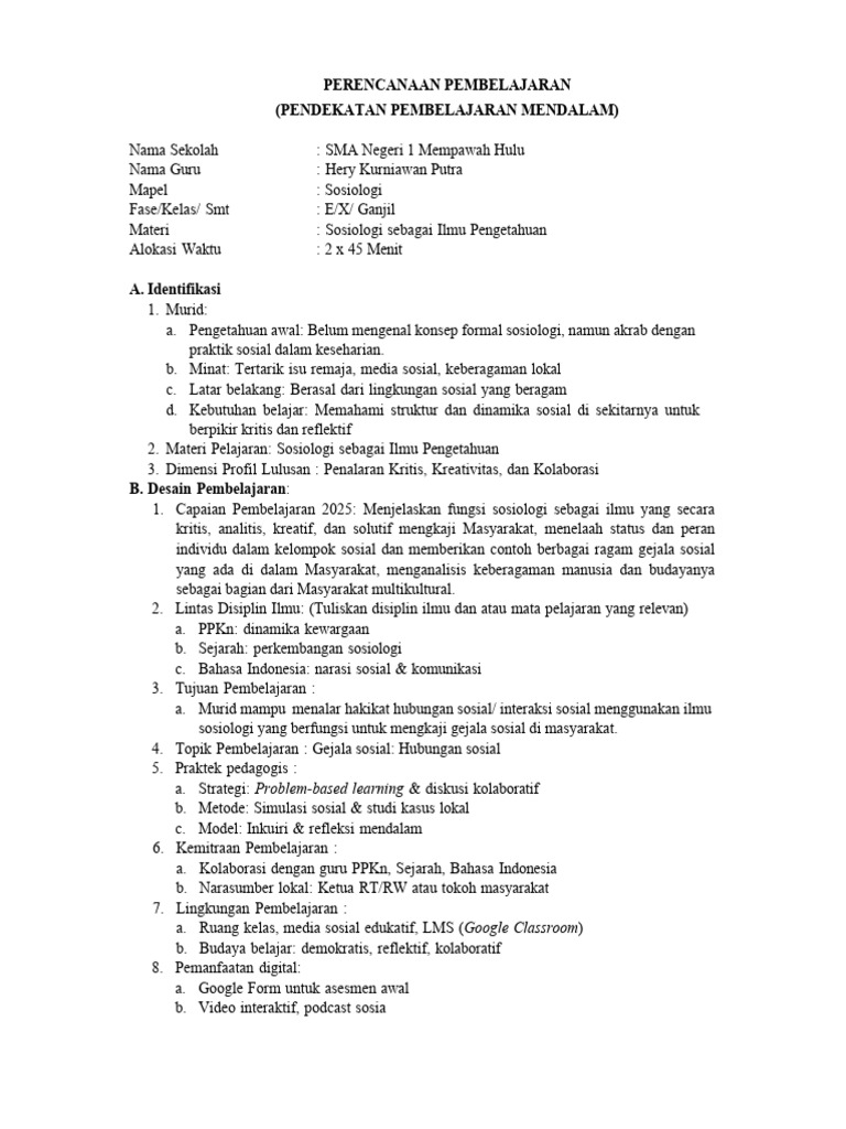 Rencana Pembelajaran Sosiologi SMA | PDF