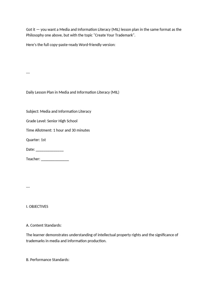 Lesson Plan in Mil and Philo | PDF | Learning | Trademark