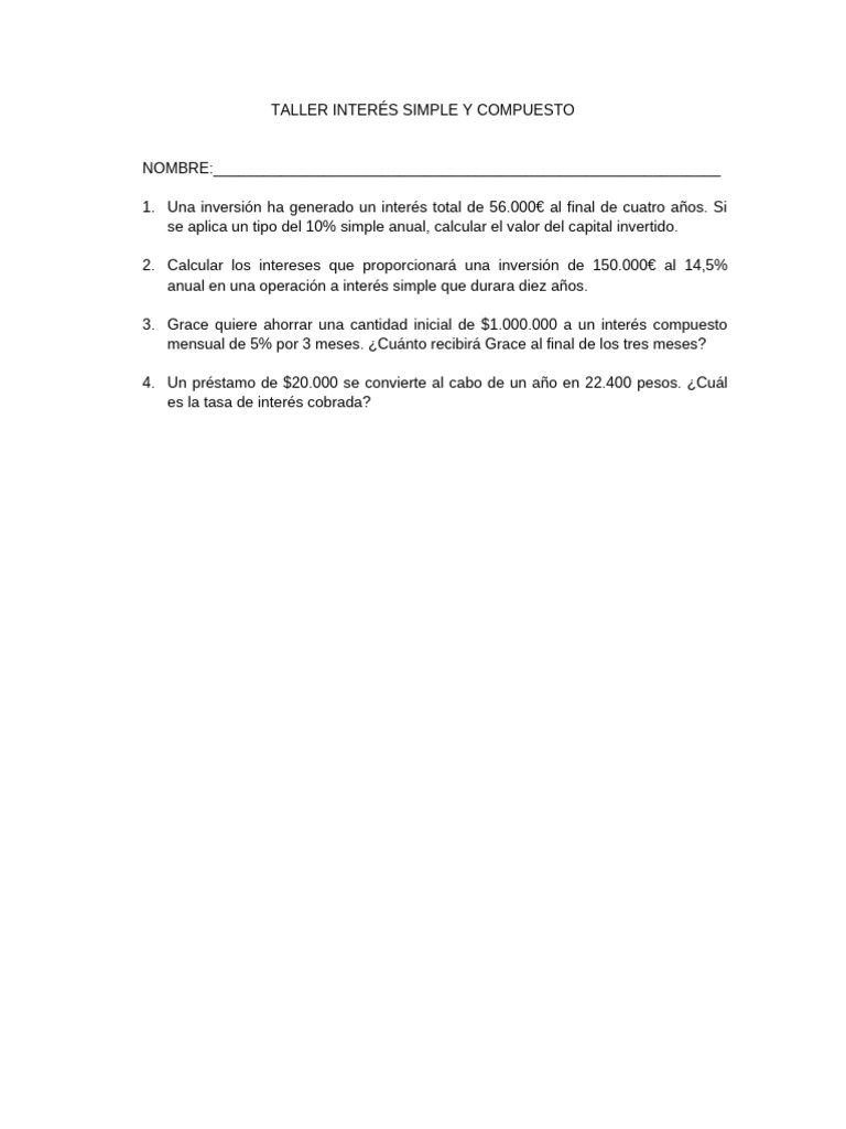 Taller Interés Simple y Compuesto | PDF