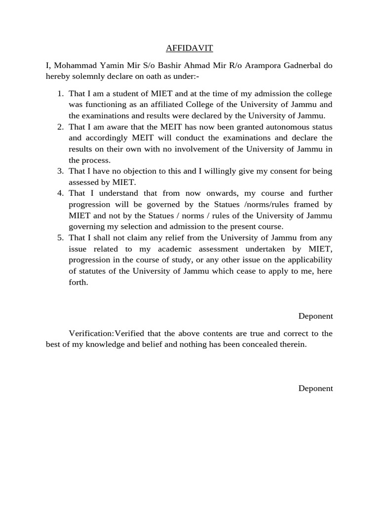 AFFIDAVIT MIET Autonomous College | PDF