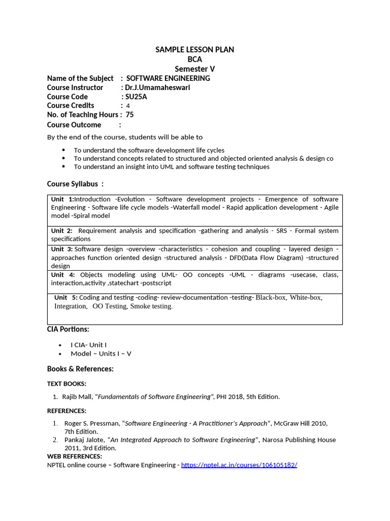 Lesson Plan - BCA - Software Engineering 2024-25 | PDF | Unified Modeling Language | Systems ...