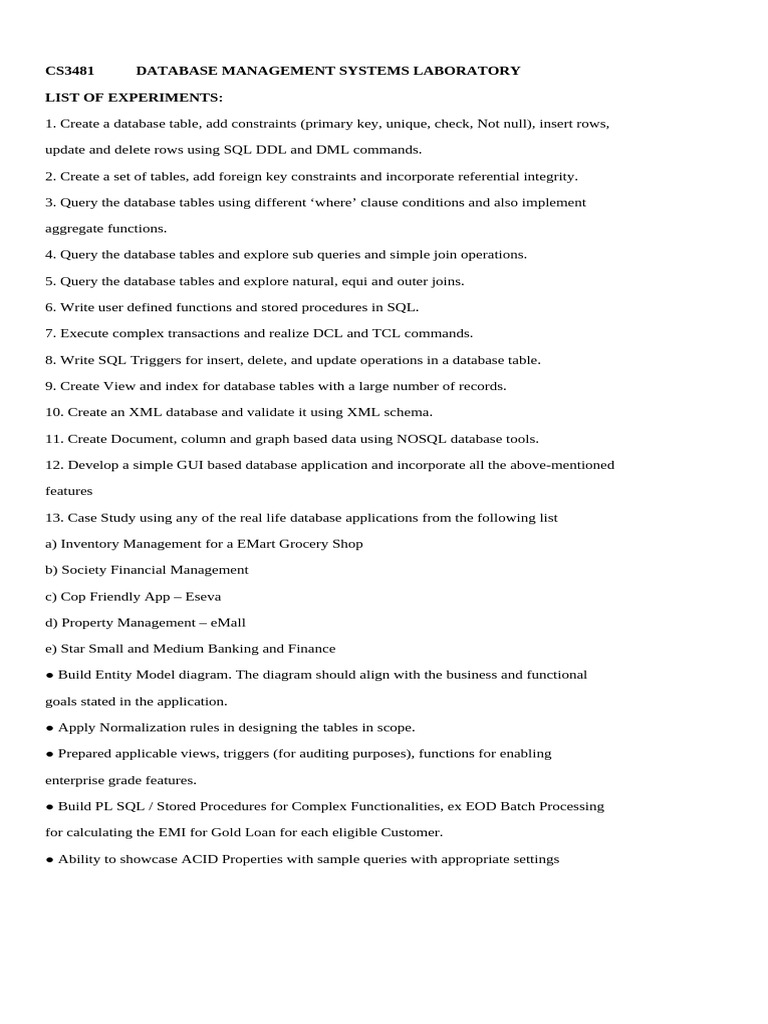 Manual Cs3481database Management Systems Laboratory | PDF | Computer Data | Software Design