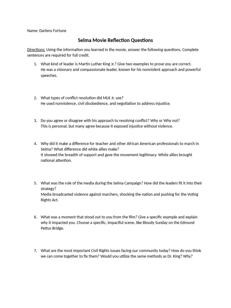 Selma Movie Reflection Questions | PDF