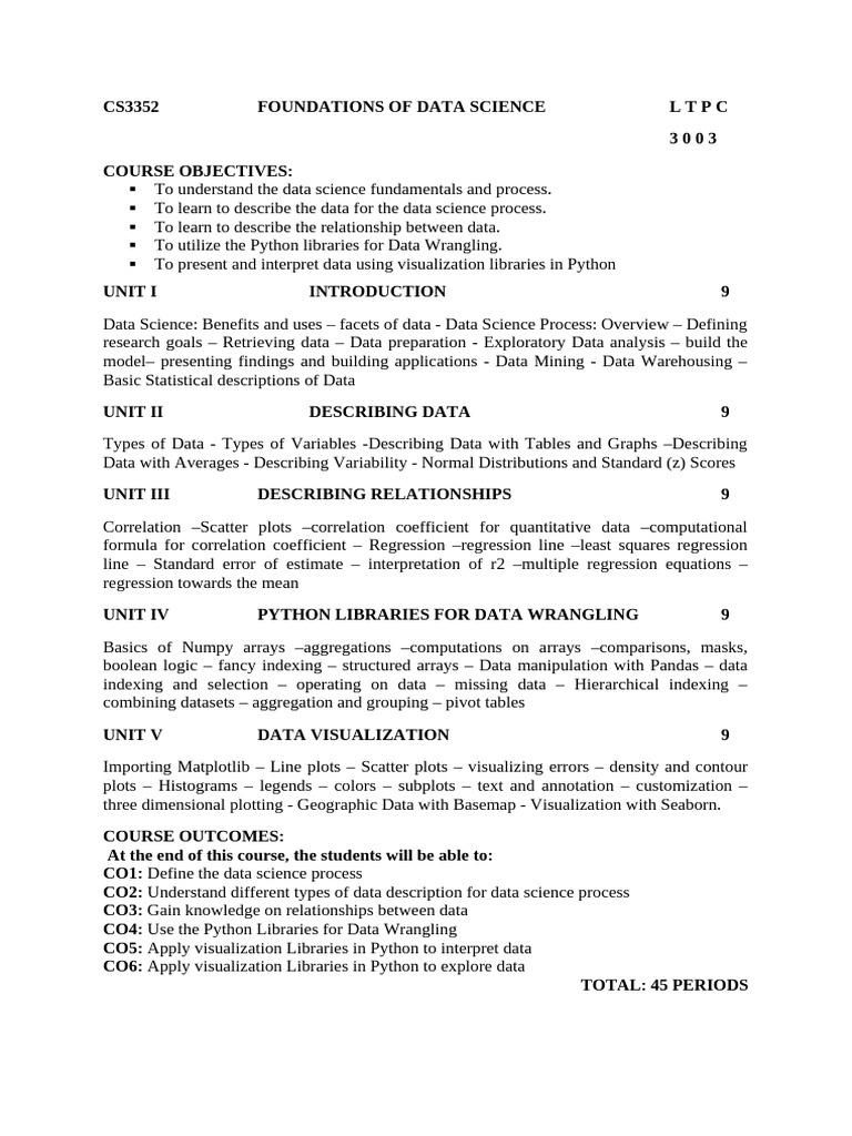 Cs3352 Foundations of Data Science L T P C | PDF | Regression Analysis ...