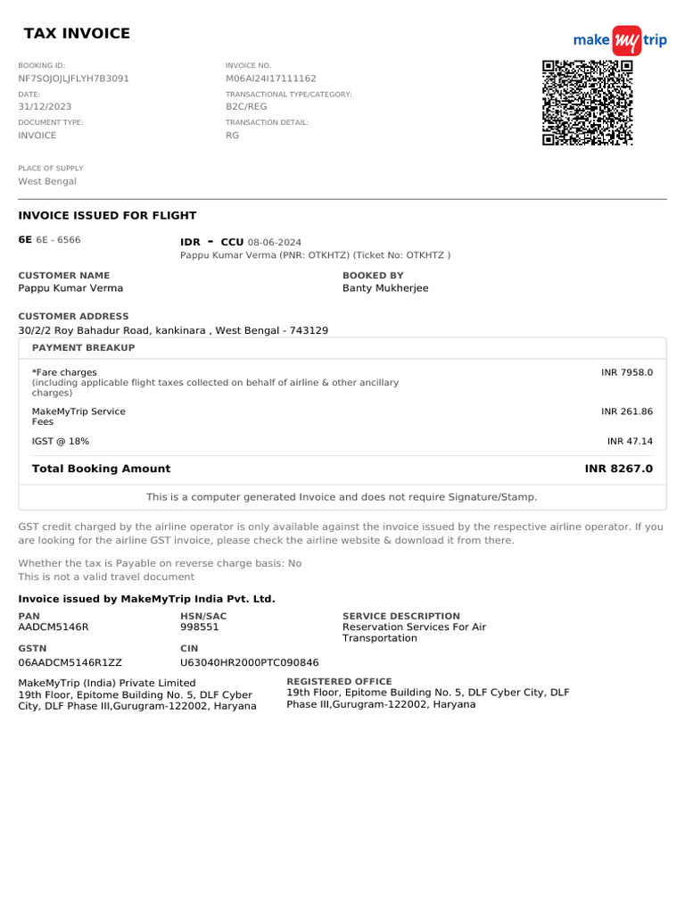 Booking Invoice M06AI24I17111162 | PDF | Invoice | Government Finances