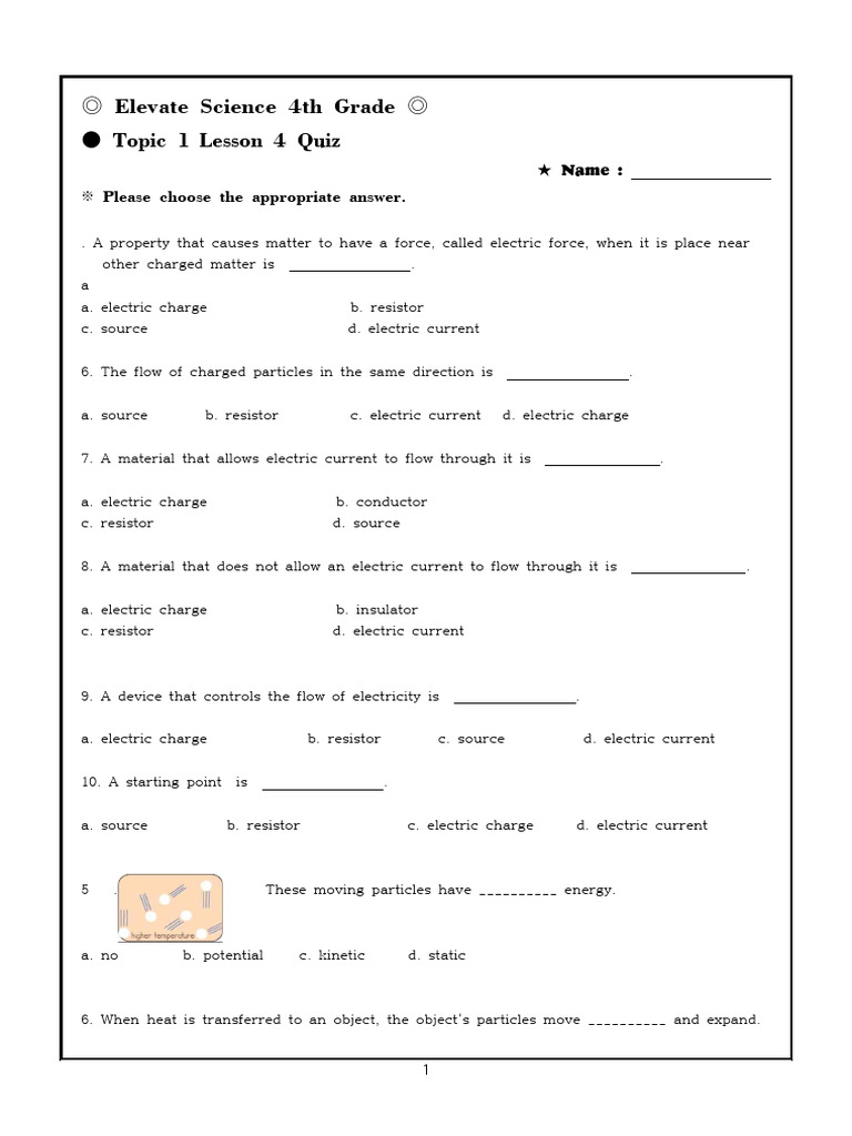 Quiz Elevate Science 4th Grade Topic 1 Lesson4 학생용 | PDF | Electric ...