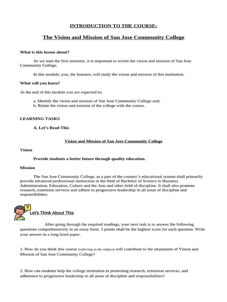 Introduction To The Course Vision and Mission of SJCC | PDF