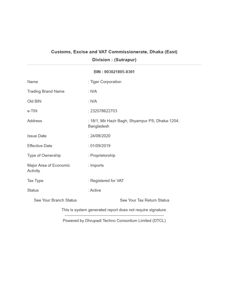 Tiger Corporation VAT Registration Details | PDF