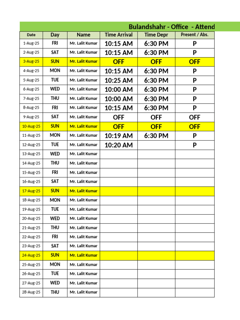 Attendence Sheet Timing 2025 | PDF