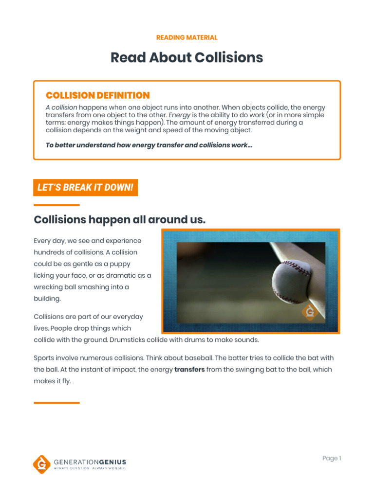Collisions Reading Material Grades 3 5 | PDF