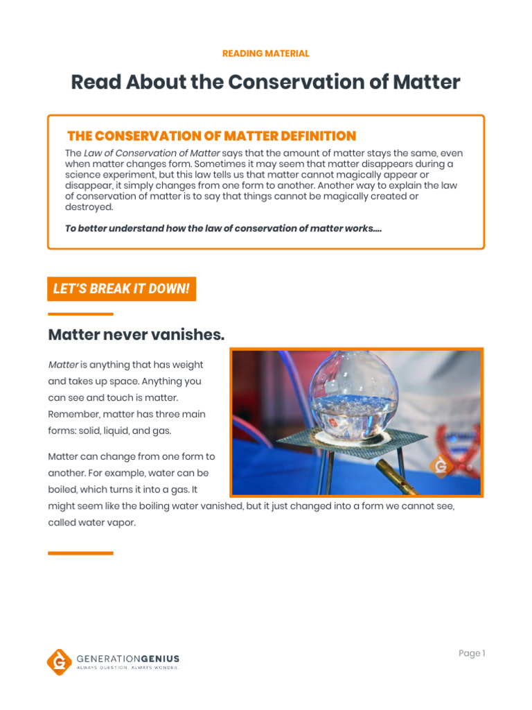 Conservation of Matter Reading Material Grades 3 5 | PDF | Water | Matter