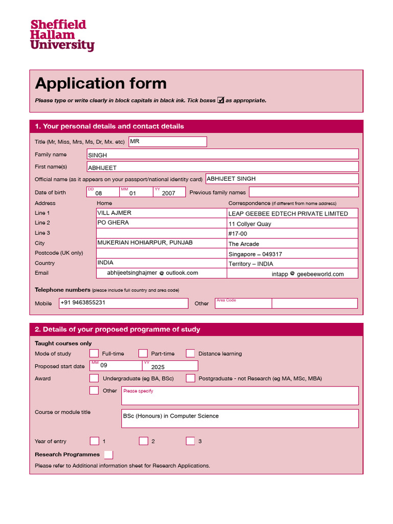 Sheffield Hallam University Application Form | PDF | Travel Visa ...