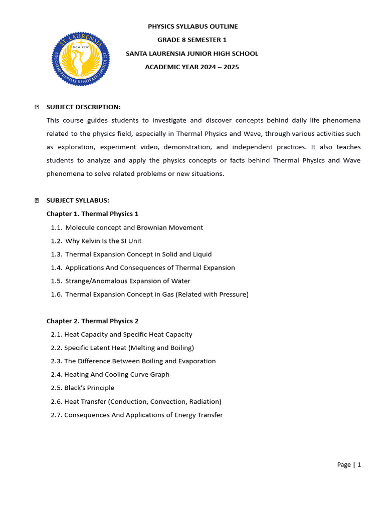 G8-Physics Syllabus Outline Sem 1 2024-2025 | PDF | Heat | Waves