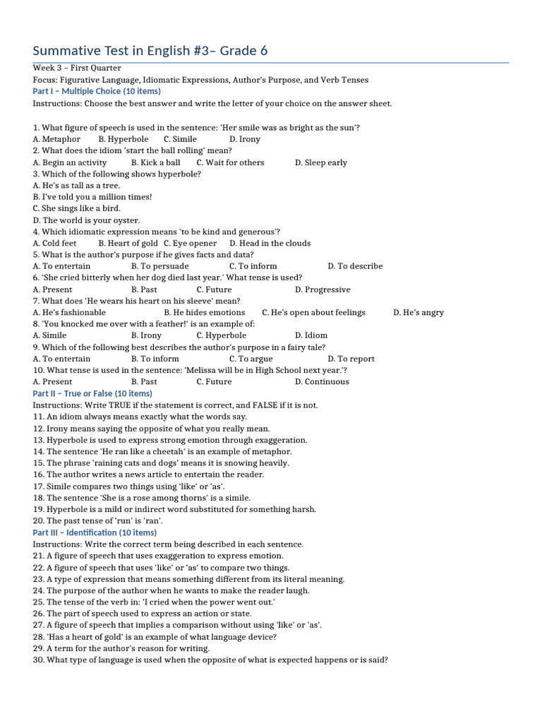 Grade 6 English Summative Test #3 | PDF | Verb | Linguistics