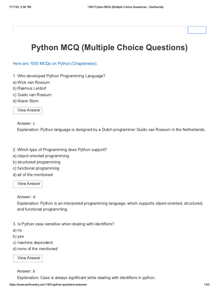 1000 Python MCQ (Multiple Choice Questions) - Sanfoundry | PDF